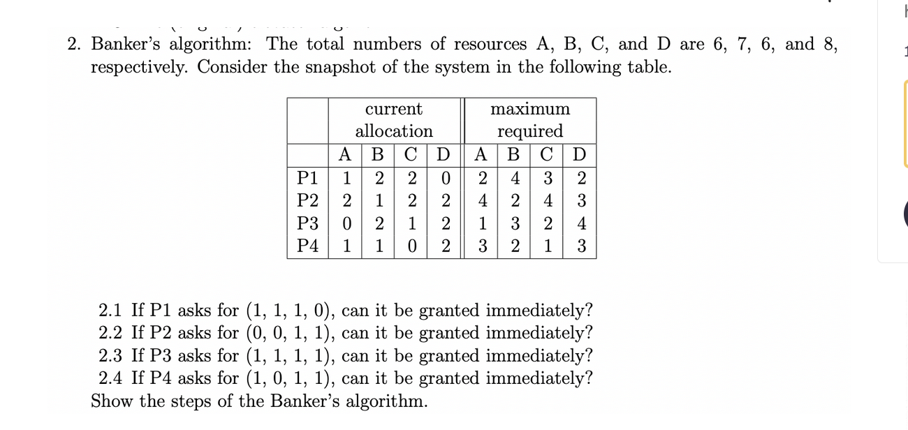 Solved 2. Banker's algorithm: The total numbers of resources | Chegg.com