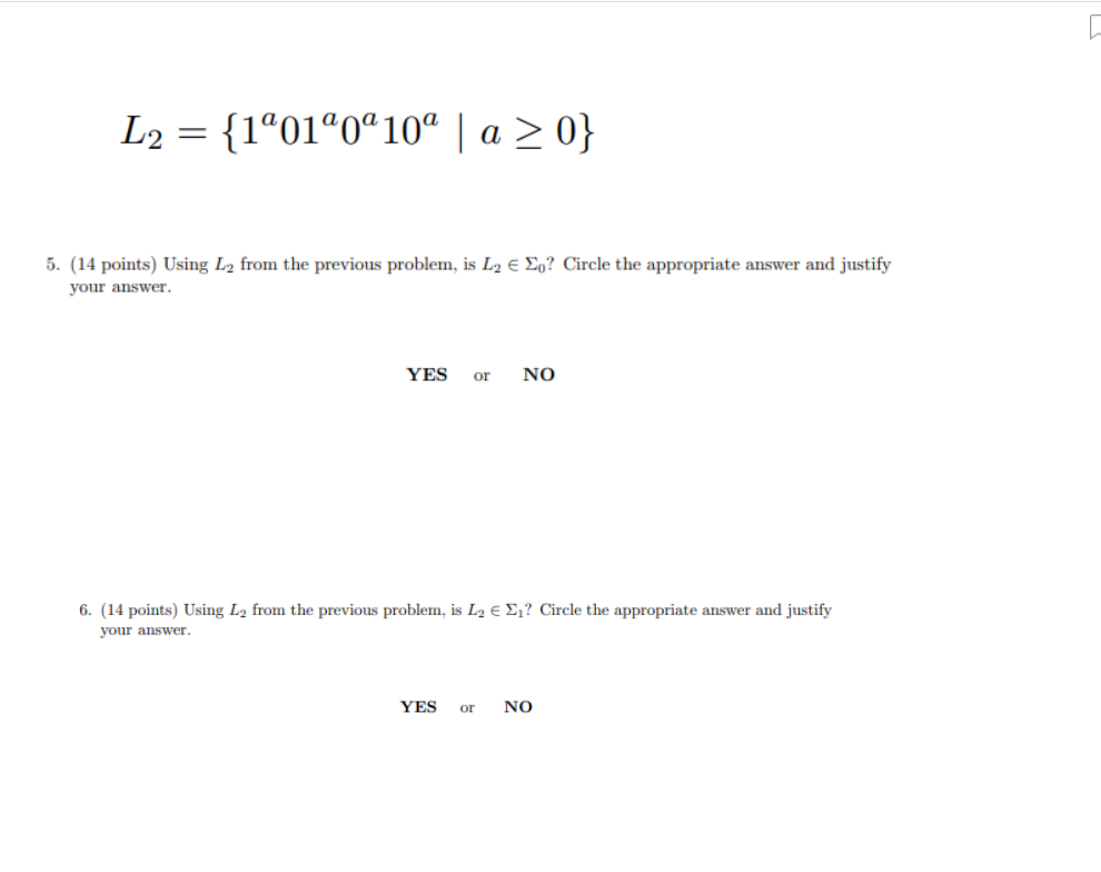 Solved L2 = {1'01º0º10° a > 0 5. (14 points) Using L2 from | Chegg.com