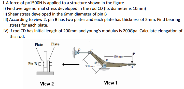 Solved 1-A force of p=1500N is applied to a structure shown | Chegg.com