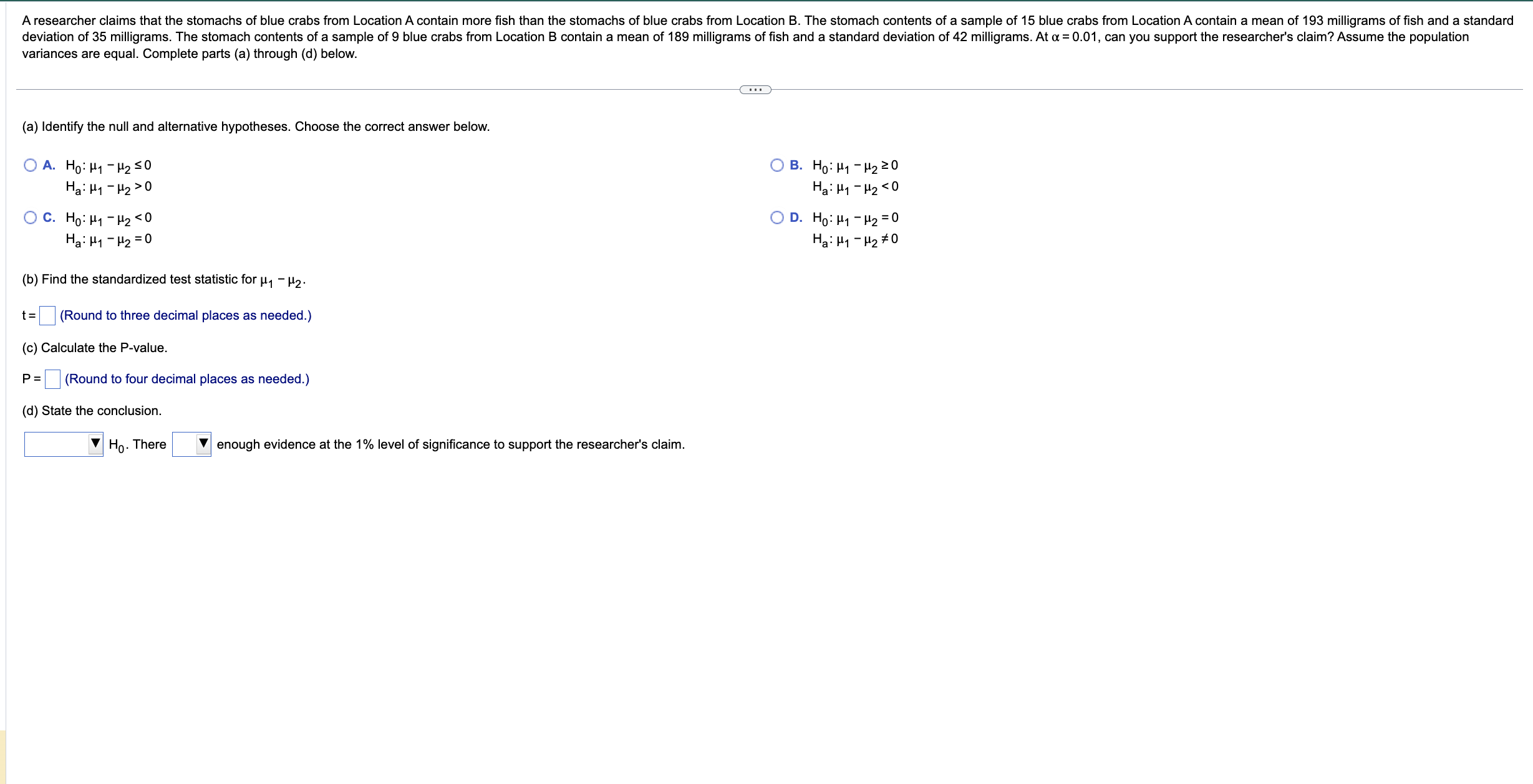 Solved variances are equal. Complete parts (a) ﻿through (d) | Chegg.com