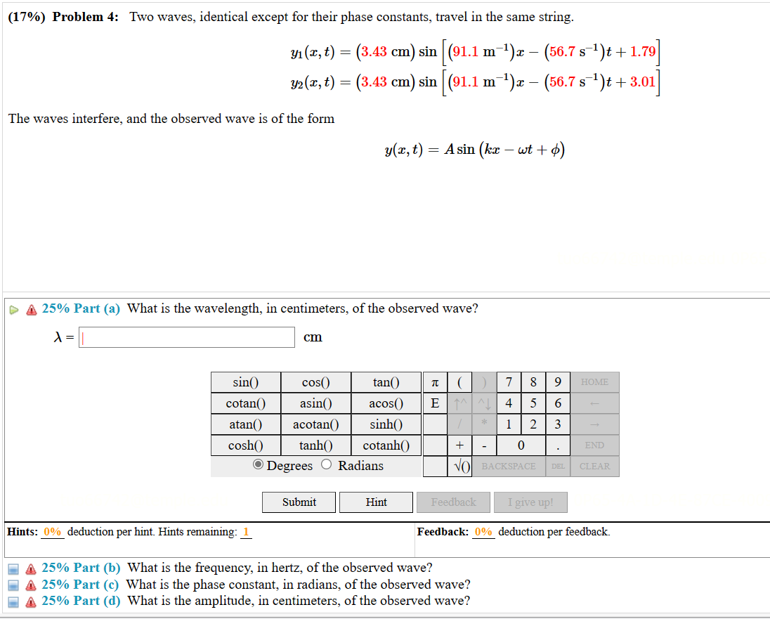Solved y1(x,t)=(3.43 cm)sin[(91.1 m−1)x−(56.7 | Chegg.com