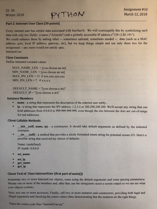 Solved CS 3A Winter 2018 PYTHON Assignment #10 March 12, | Chegg.com