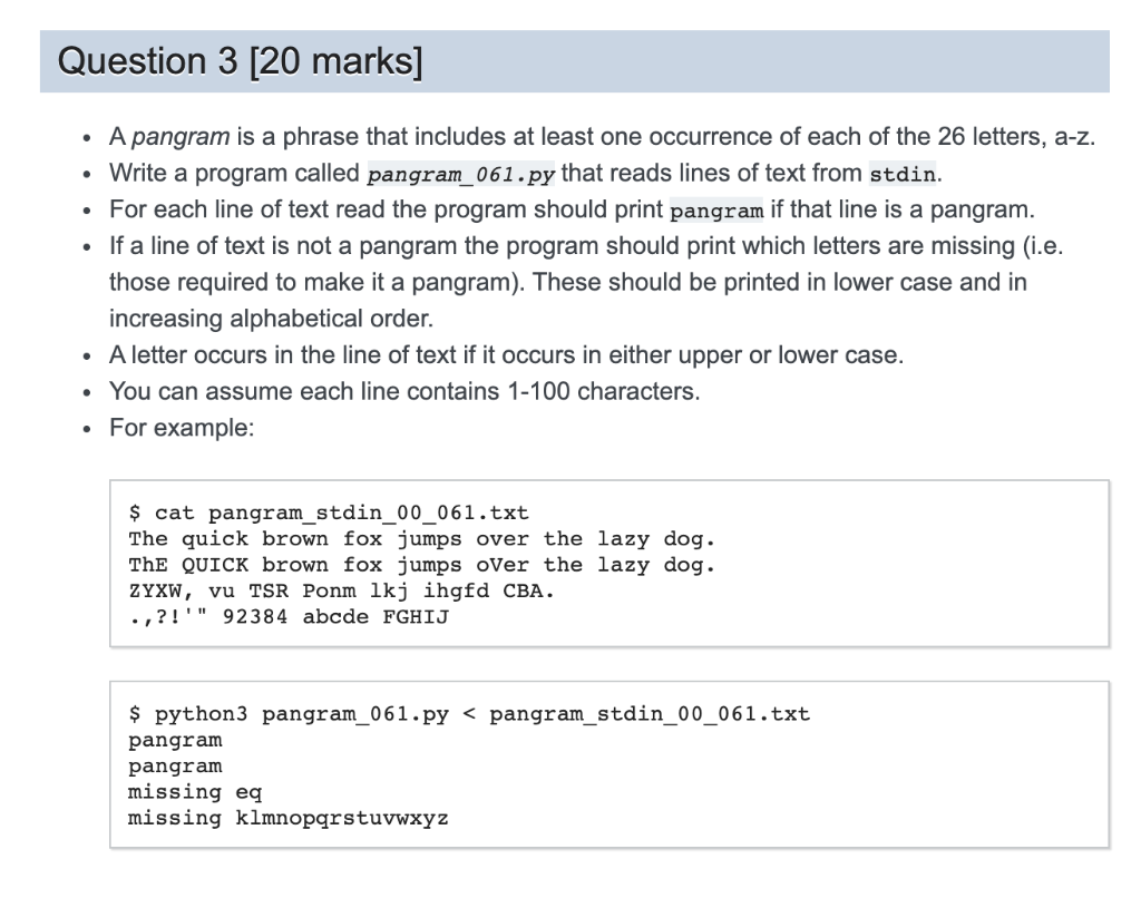 Solved Question 3 [20 marks] . . . A pangram is a phrase | Chegg.com
