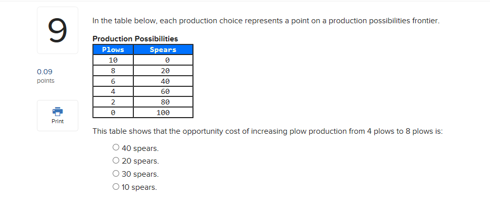 Solved In the table below, each production choice represents | Chegg.com
