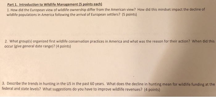 Solved Part 1. Introduction to Wildlife Management (5 points | Chegg.com