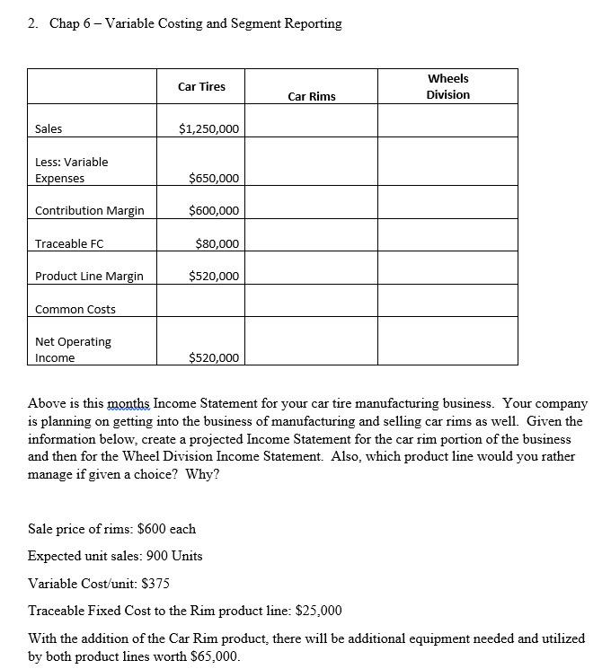 Solved 2. Chap 6 - Variable Costing and Segment Reporting | Chegg.com