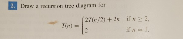 Solved 2 Draw a recursion tree diagram for 2T(n/2) +2n if n | Chegg.com