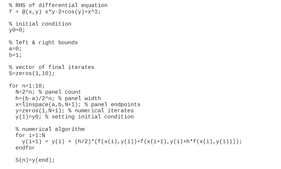 Solved % RHS of differential equation f = @(x,y) x*y-2+cos | Chegg.com