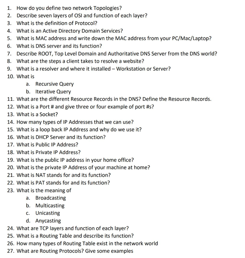 Solved 1. How do you define two network Topologies? 2. | Chegg.com