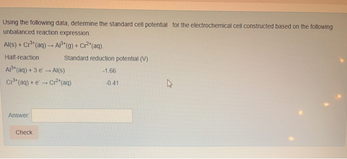 Solved Using The Following Data Determine The Standard Cell