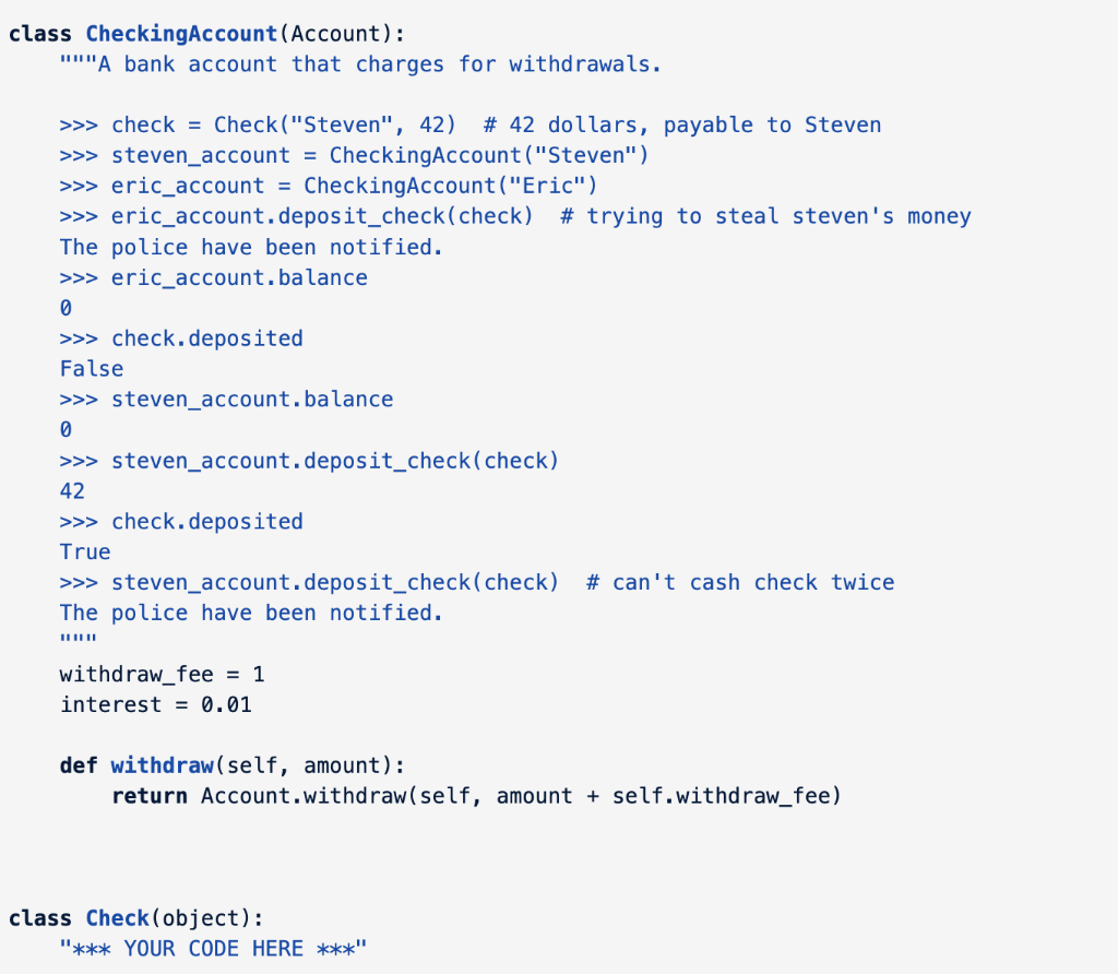 Solved We'd like to be able to cash checks, so let's add a | Chegg.com