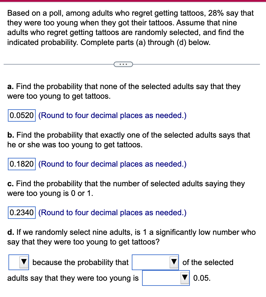 Solved Based on a poll, among adults who regret getting | Chegg.com