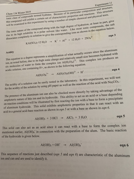 Experiment 11 Chem 134 Winter 2019 Data and Results | Chegg.com