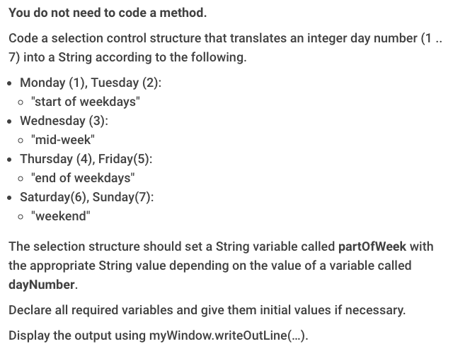 Solved You do not need to code a method. Code a selection | Chegg.com