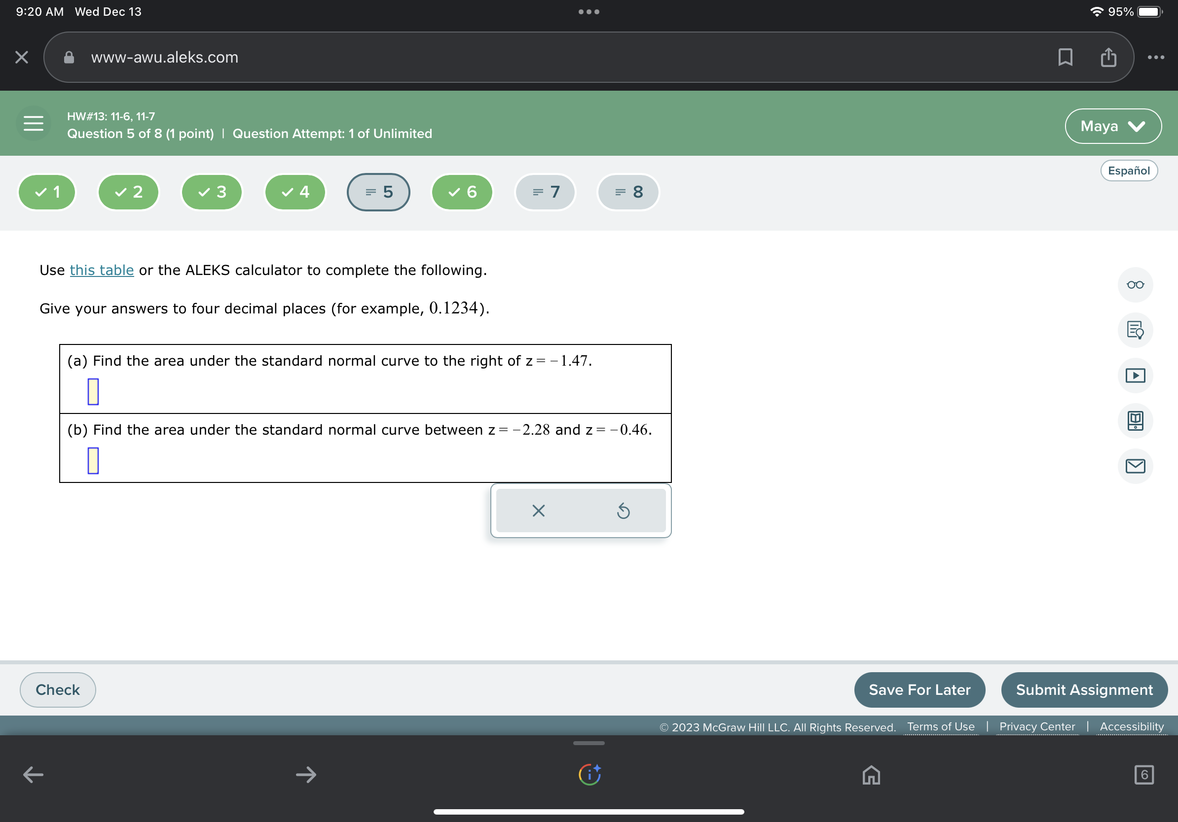 Solved Use this table or the ALEKS calculator to complete | Chegg.com