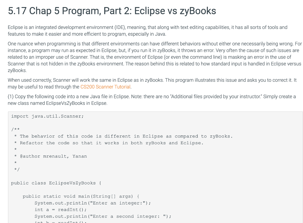 Solved 5.17 Chap 5 Program, Part 2: Eclipse vs zyBooks | Chegg.com