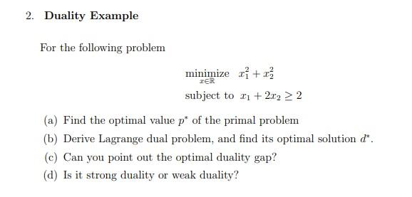 Solved 2. Duality Example TER For the following problem | Chegg.com
