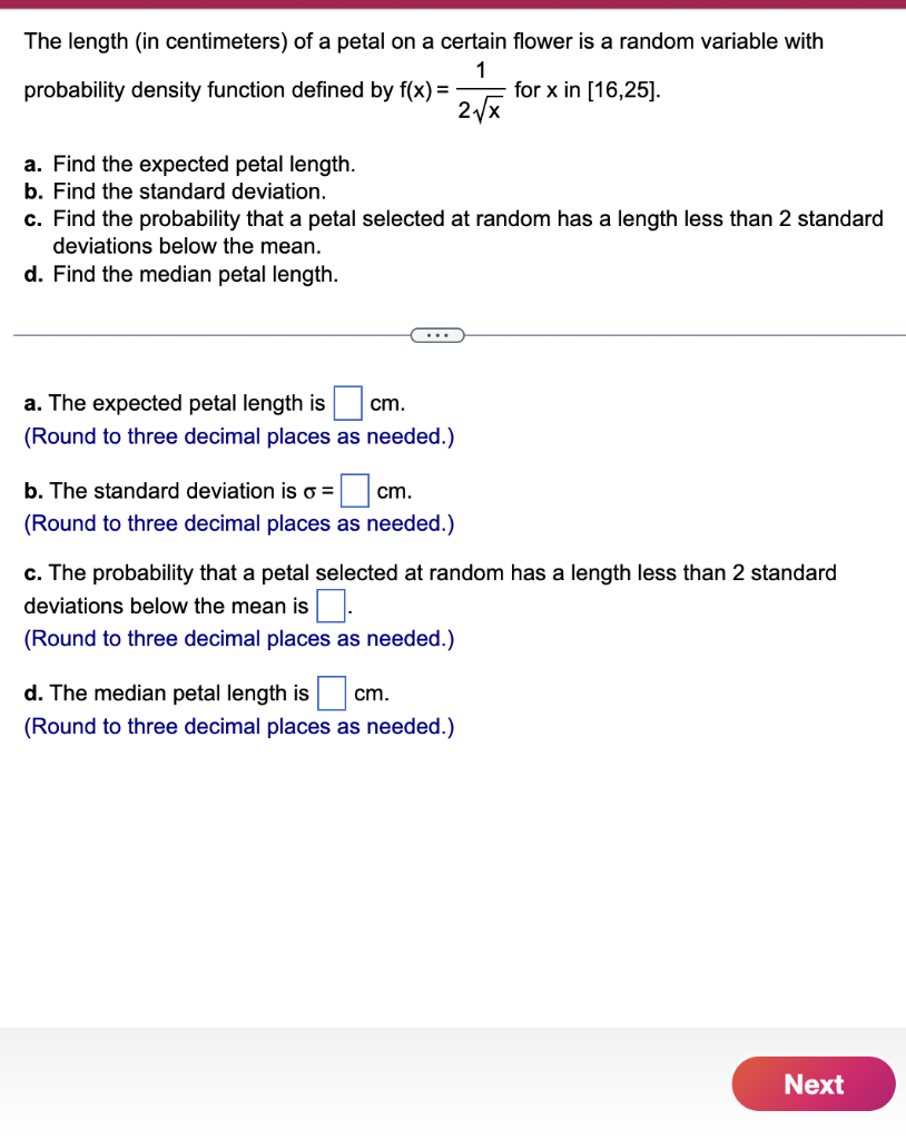 Solved The length (in centimeters) of a petal on a certain | Chegg.com