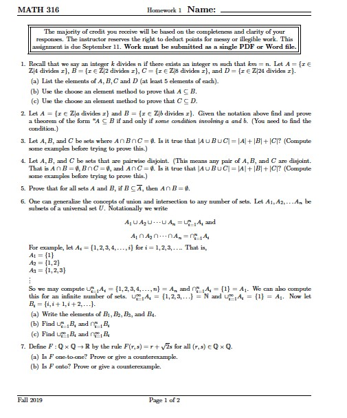 Solved MATH 316 Homework 1 Name: The majority of credit you | Chegg.com