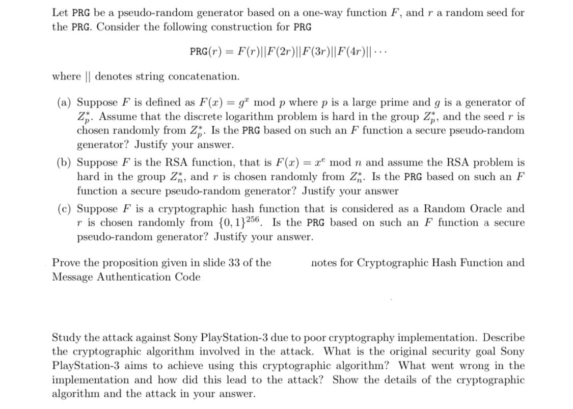 Let PRG be a pseudo-random generator based on a | Chegg.com