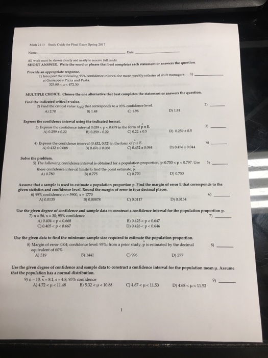Solved Math 2113 snudy Guide for Final Esam Spring 2017 be | Chegg.com