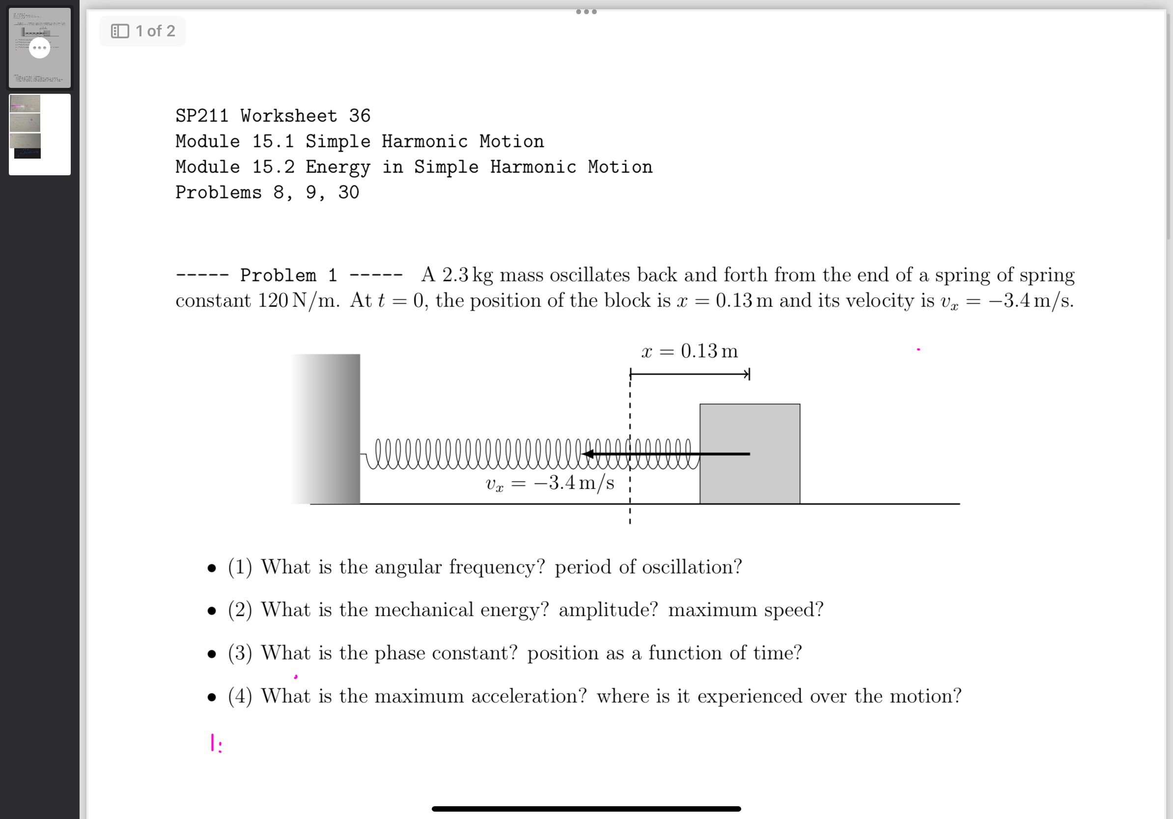 Solved SP211 Worksheet 36 Module 15.1 Simple Harmonic Motion | Chegg.com