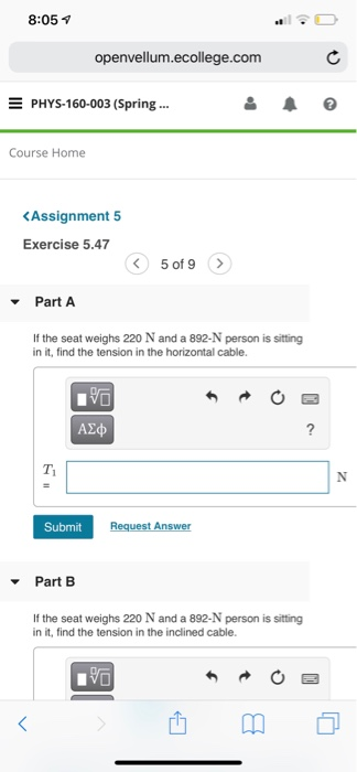 Solved 8:05 openvellum.ecollege.com PHYS-160-003 (Spring | Chegg.com