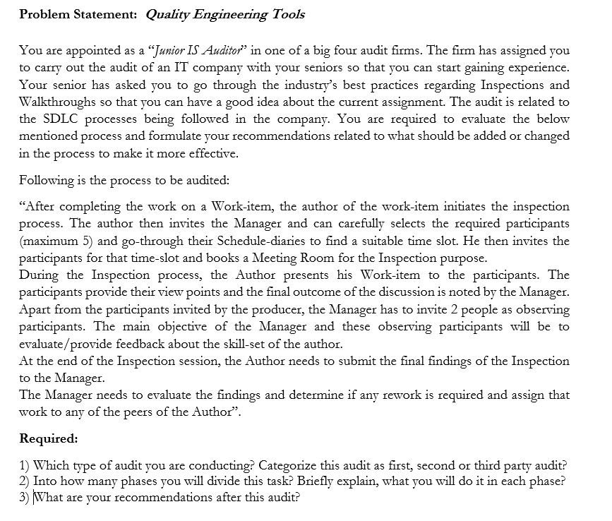 Solved Problem Statement: Quality Engineering Tools You are | Chegg.com