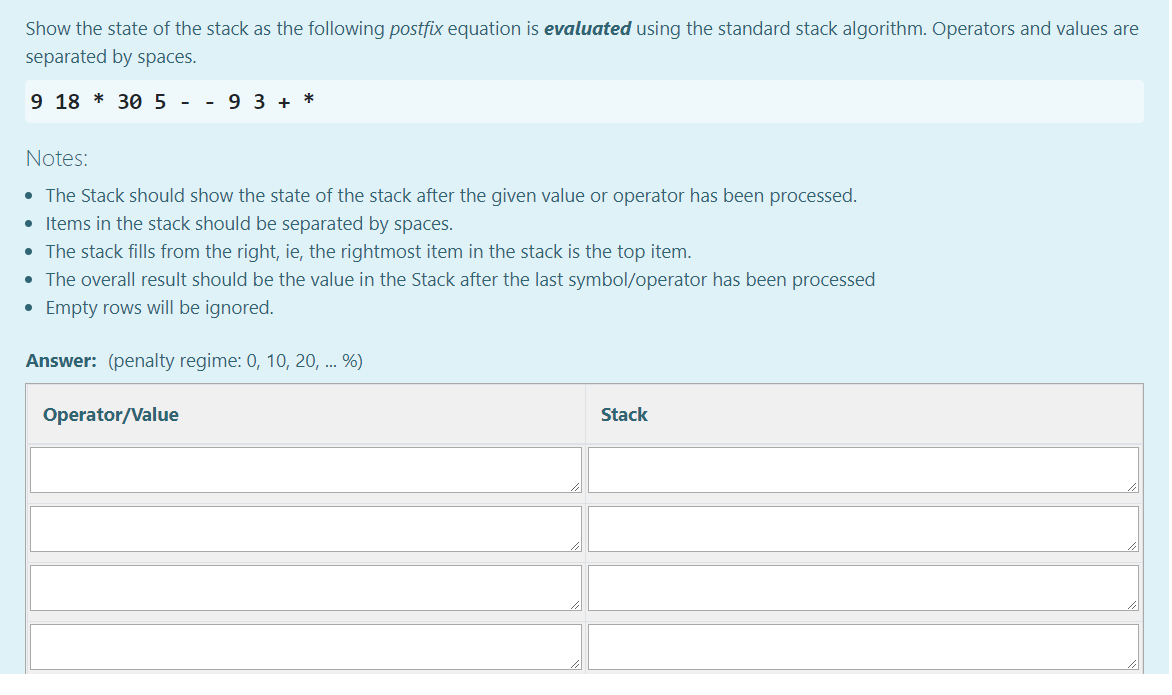 Solved Show the state of the stack as the following postfix | Chegg.com