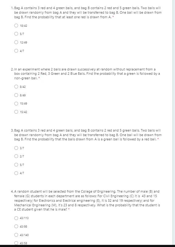 Solved 1. Bag A contains 3 red and 4 green balls, and bag B | Chegg.com