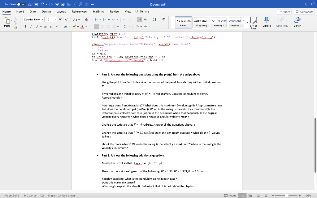 Solved MATLAB/OCTAVE PENDULUM LAB PART 2 MAT2310/2330 MATLAB | Chegg.com