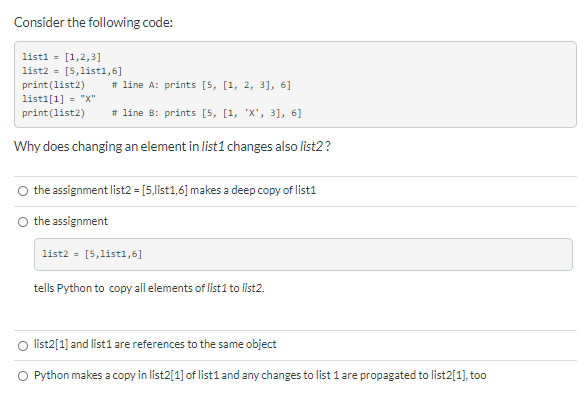 Solved Consider the following code: listi = [1,2,3] list2 = | Chegg.com