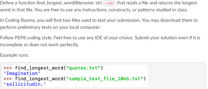 Solved Define a function find_longest_word(filename: str) | Chegg.com