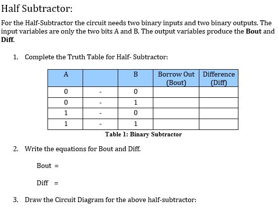 Solved Half Subtractor Half Subtractor Circuit Needs Two Binary Inputs Two Binary Outputs