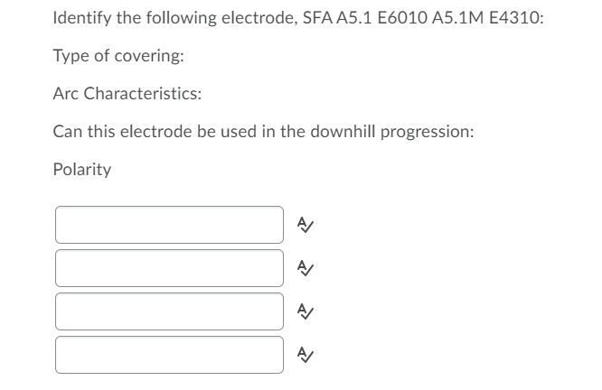 Solved Identify the following electrode, SFA A5.1 E6010 | Chegg.com