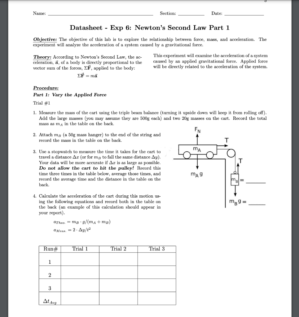 Solved Name: Section: Date: Datasheet - Exp 6: Newton's | Chegg.com