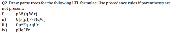 Solved Q2. Draw parse trees for the following LTL formulae. | Chegg.com