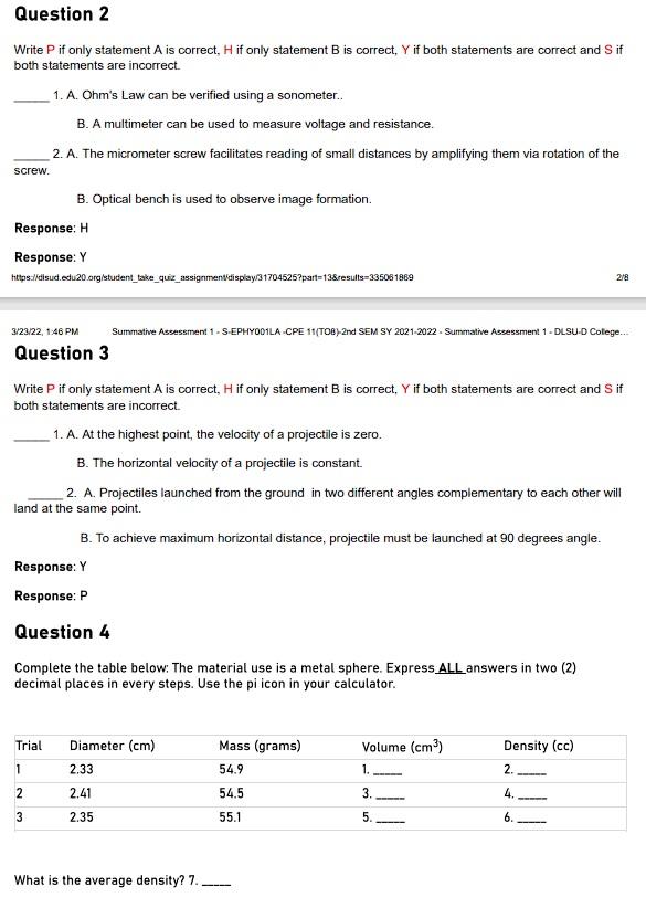 Solved Question 2 Write Pif only statement A is correct, H | Chegg.com