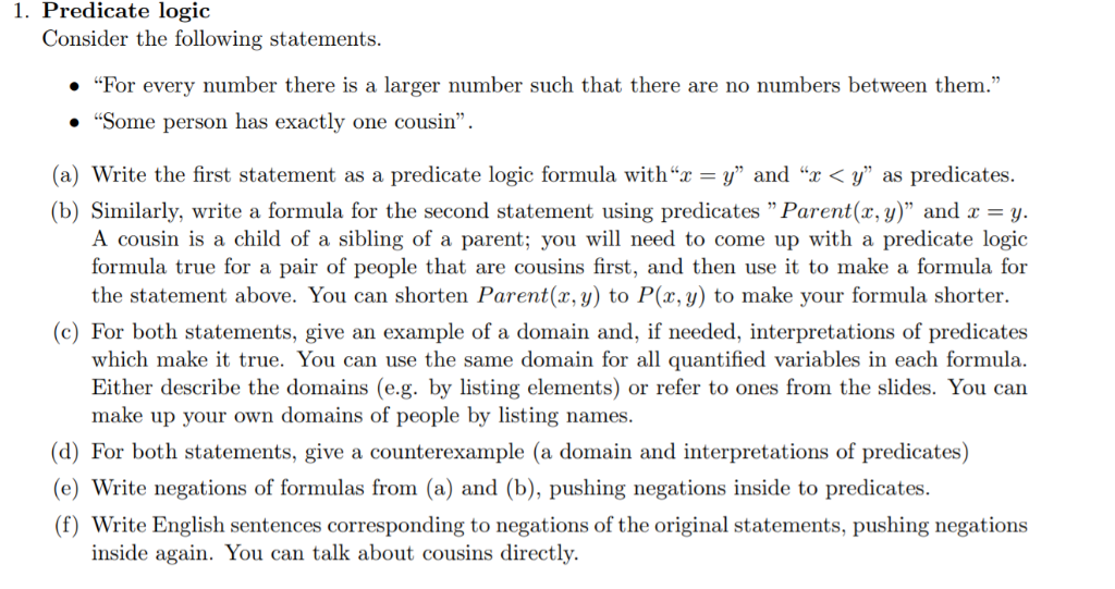 Solved 1. Predicate logic Consider the following statements | Chegg.com