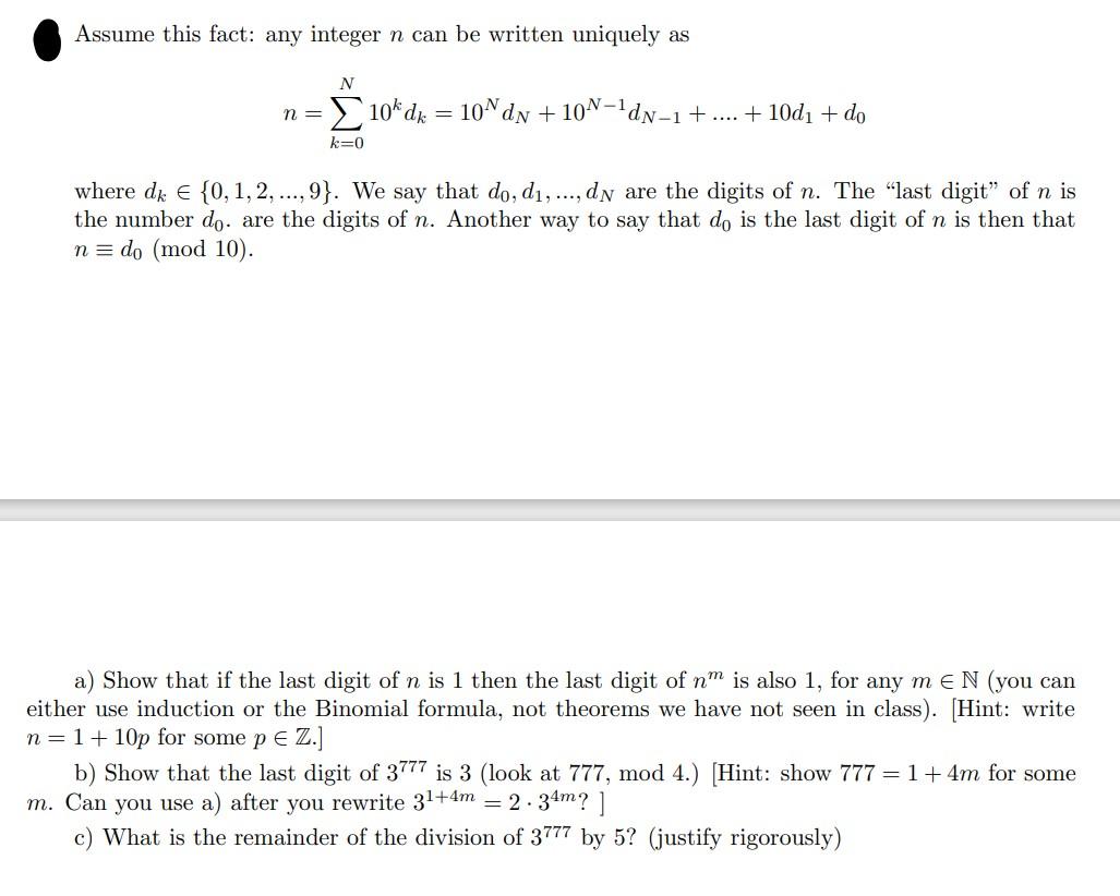 Solved Assume this fact: any integer n can be written | Chegg.com
