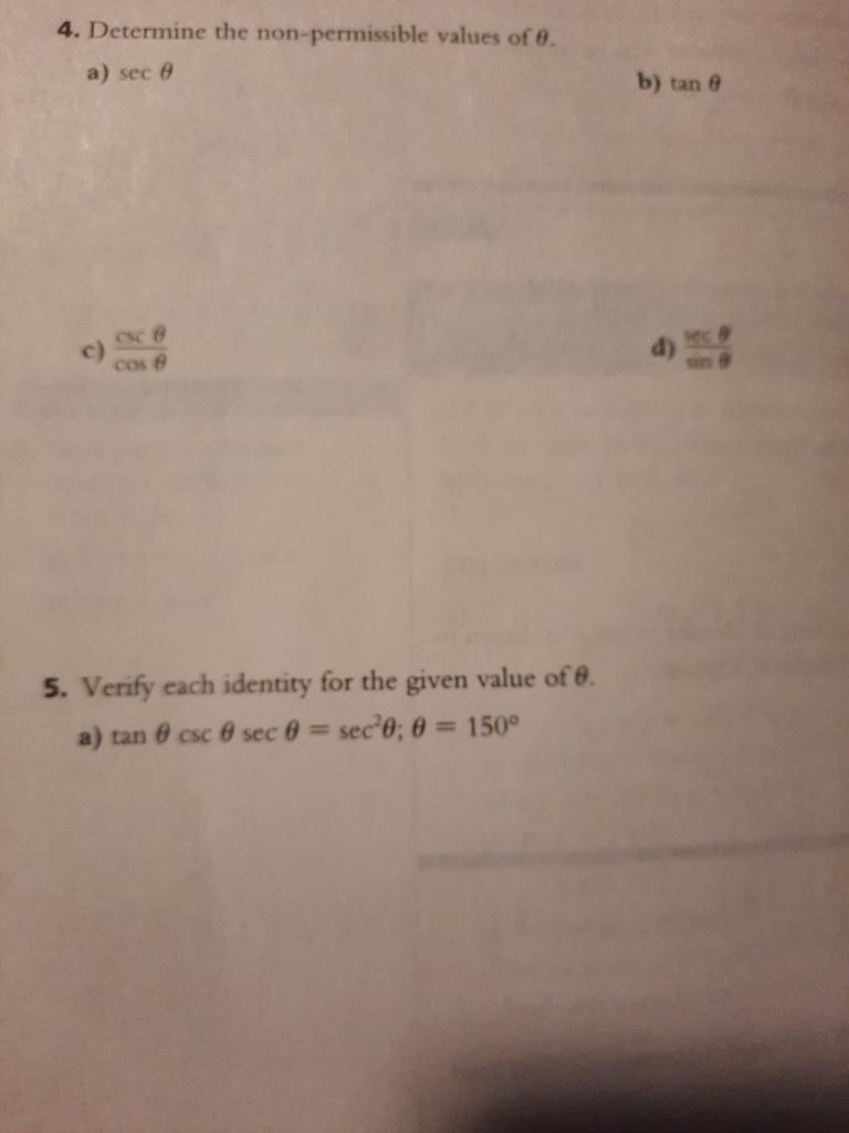 Solved 4. Determine the non-permissible values of 0. a) sec | Chegg.com