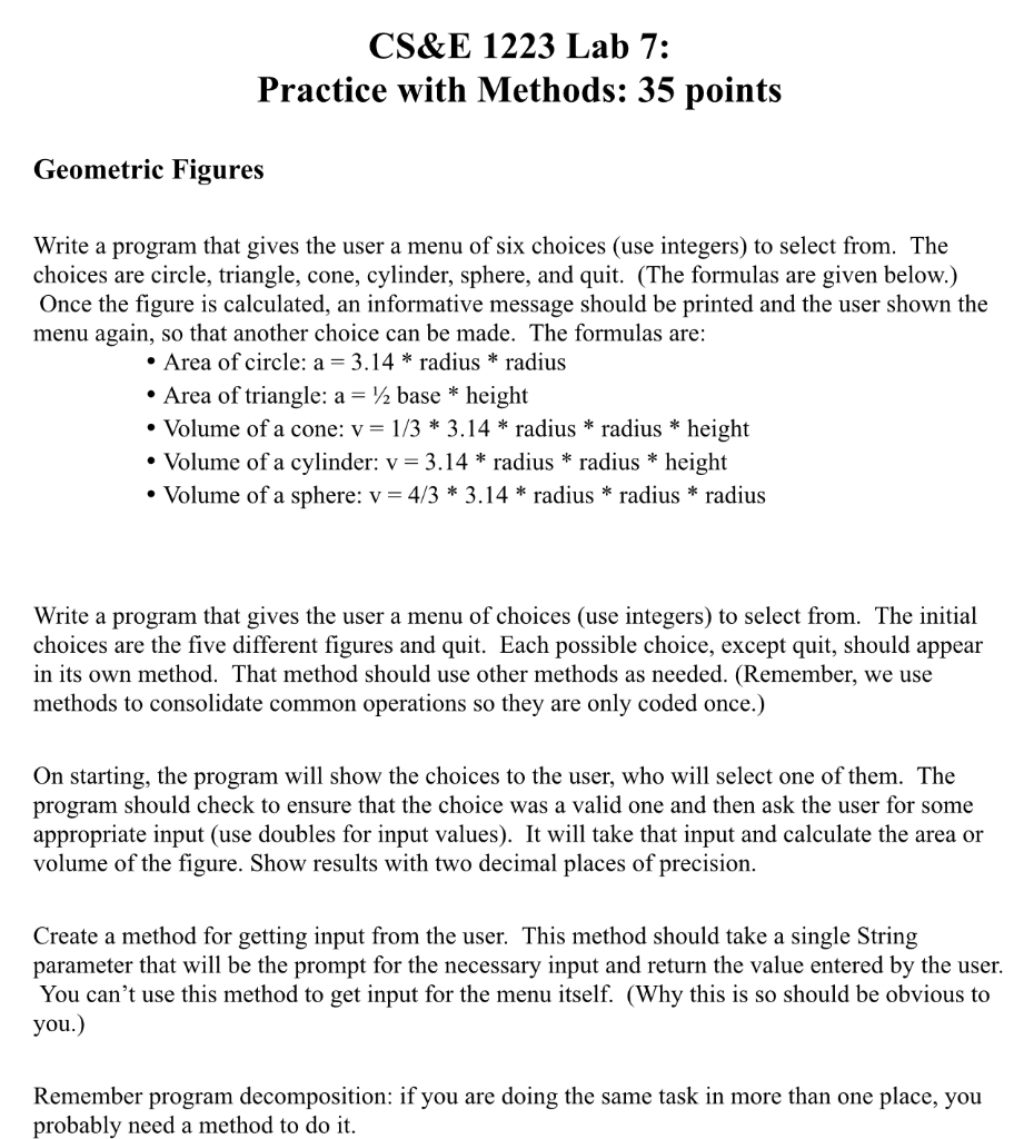 Solved CS&E 1223 Lab 7: Practice with Methods: 35 points | Chegg.com
