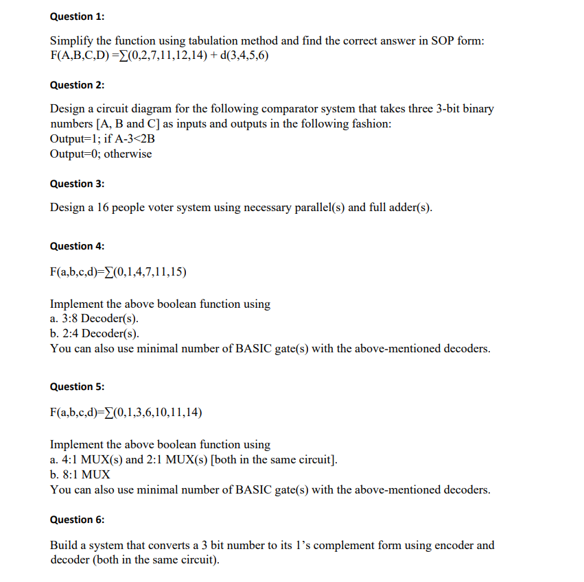 Solved Question 1: Simplify the function using tabulation | Chegg.com