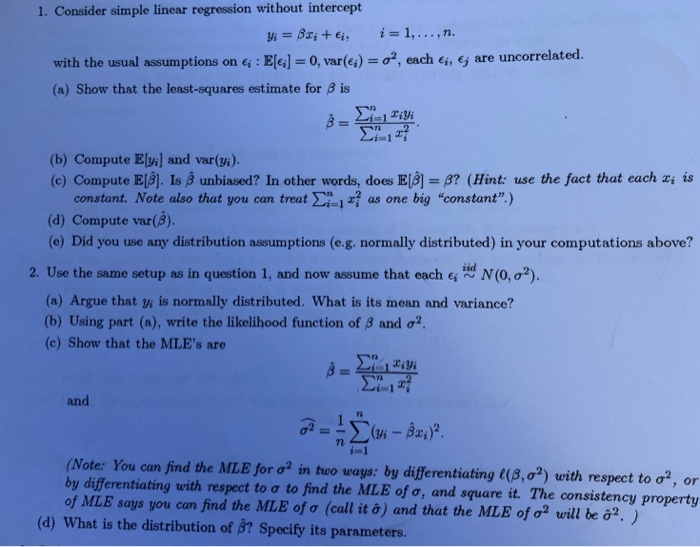 Solved 1 Consider Simple Linear Regression Without 1069