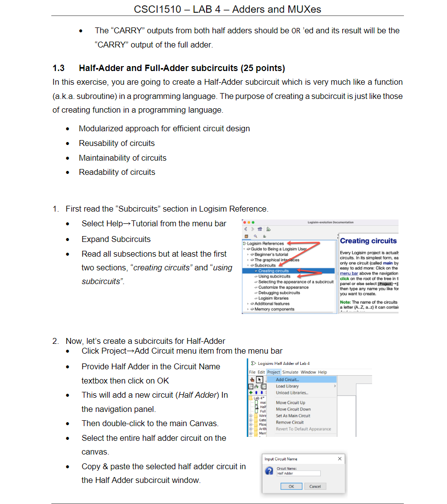 Solved CSCI1510 - LAB 4 – Adders and MUXes 1. Part 1: Adders | Chegg.com