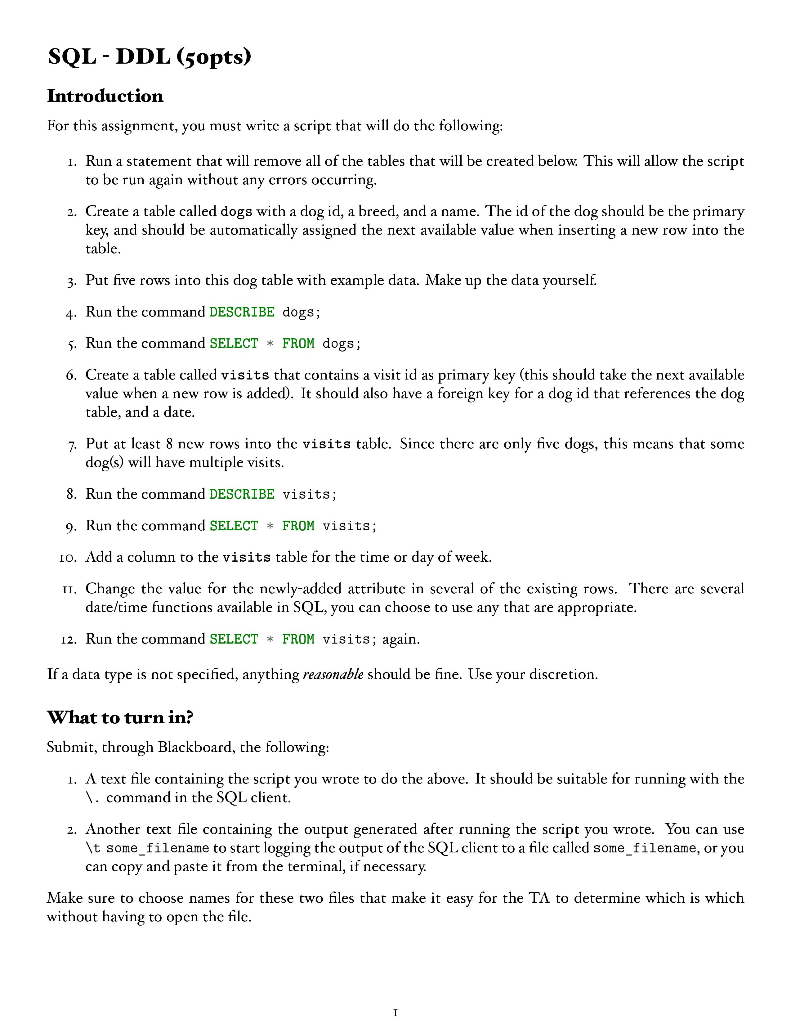 Solved SQL -DDL (5opts) Introduction For this assignment, | Chegg.com