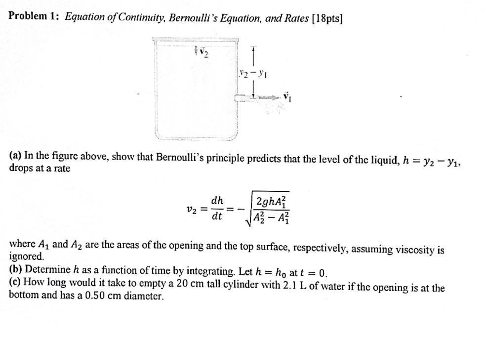 Solved Problem 1: Equation of Continuity, Bernoulli's | Chegg.com