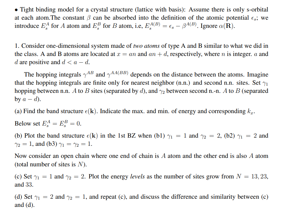 Tight binding model for a crystal structure | Chegg.com
