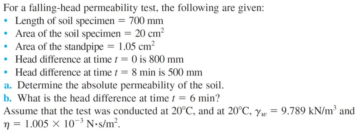 Solved For a falling-head permeability test, the following | Chegg.com