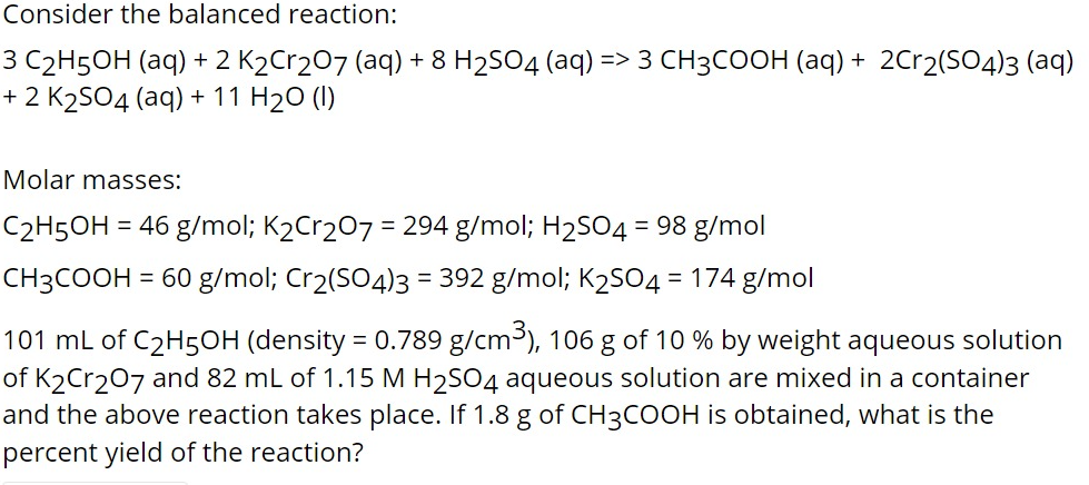Solved Consider the balanced reaction: 3 C2H5OH (aq) + 2 | Chegg.com